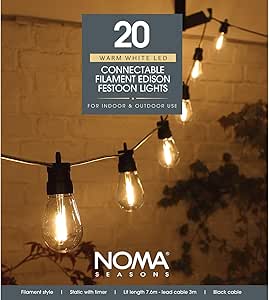 NOMA Connectable Festoon Lights, 20 Small Edison Style LED Bulbs, 10.6 m, Black/Clear : Amazon ...