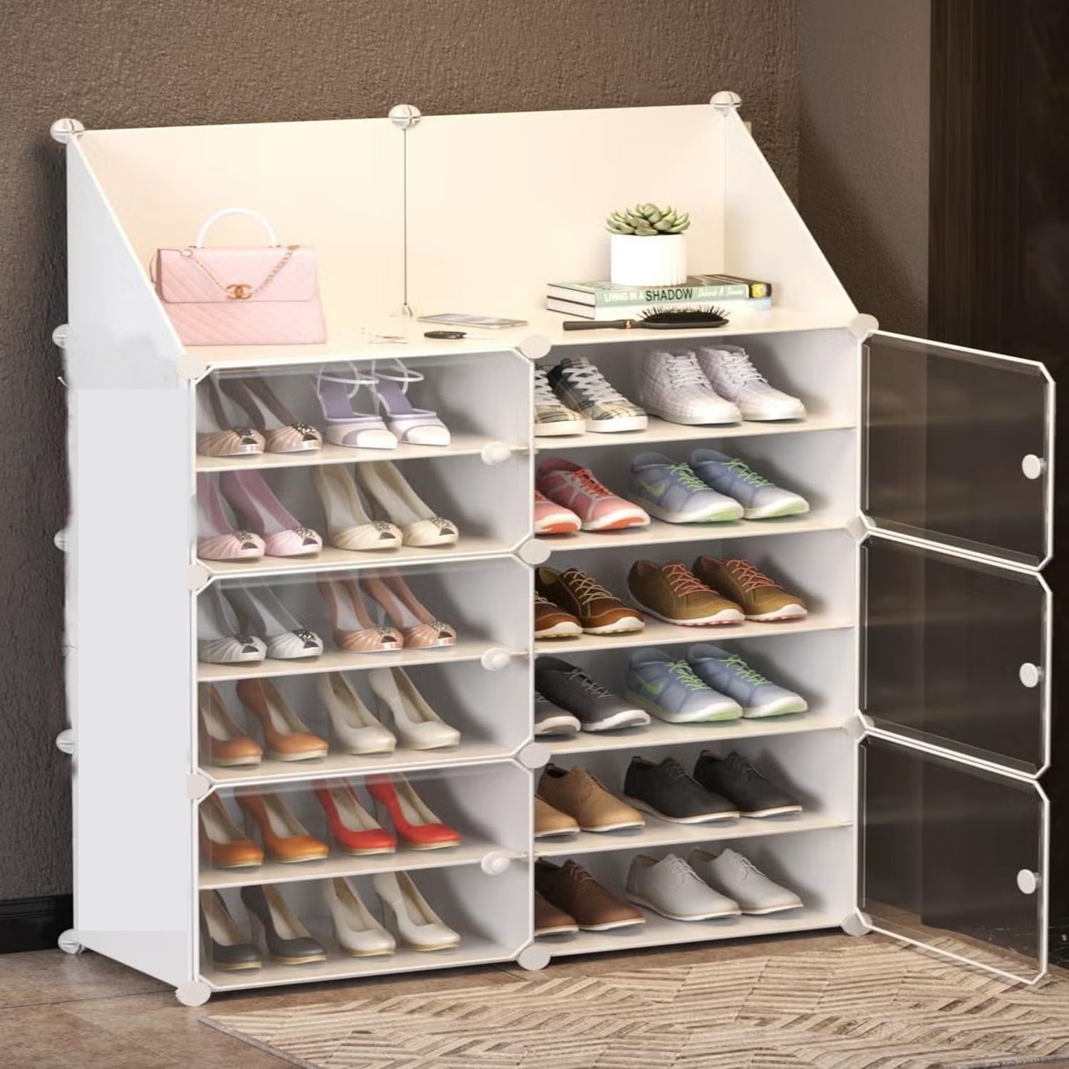 Nasmodo Plastic Shoe Rack Organiser With Door For Home 6 Layer 24 Pairs ...
