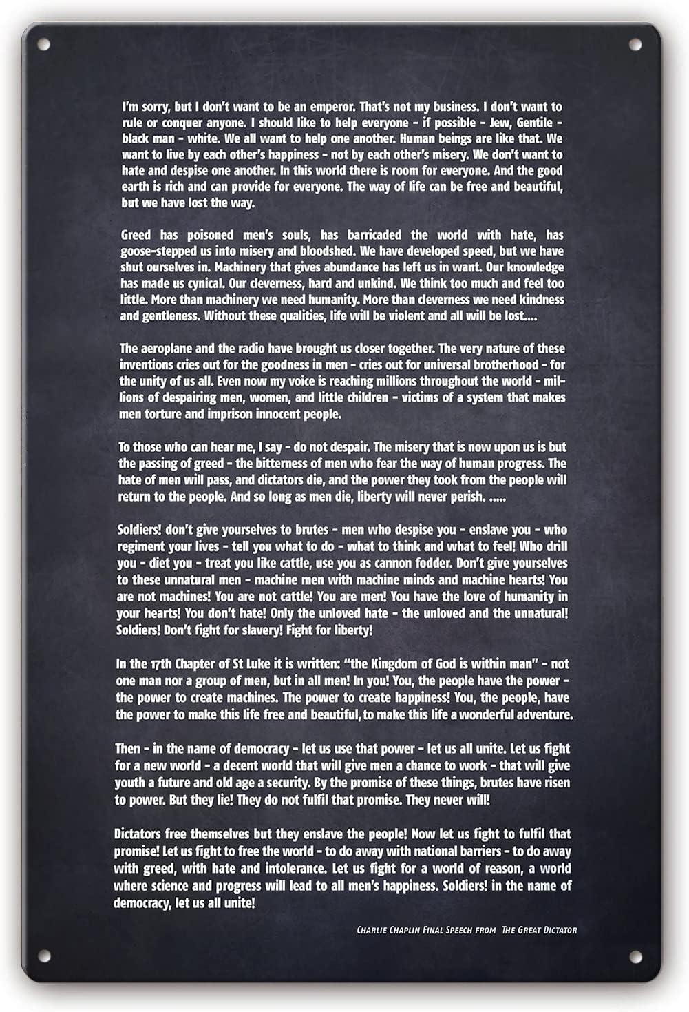 Amazon.com: Charlie Chaplin Quote Wall Art Metal Tin Sign Final Speech ...