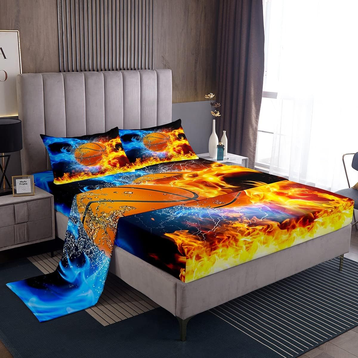Amazon.com: Kids 3D Bed Sheetss Twin,Basketball Fire Bedding Set for ...