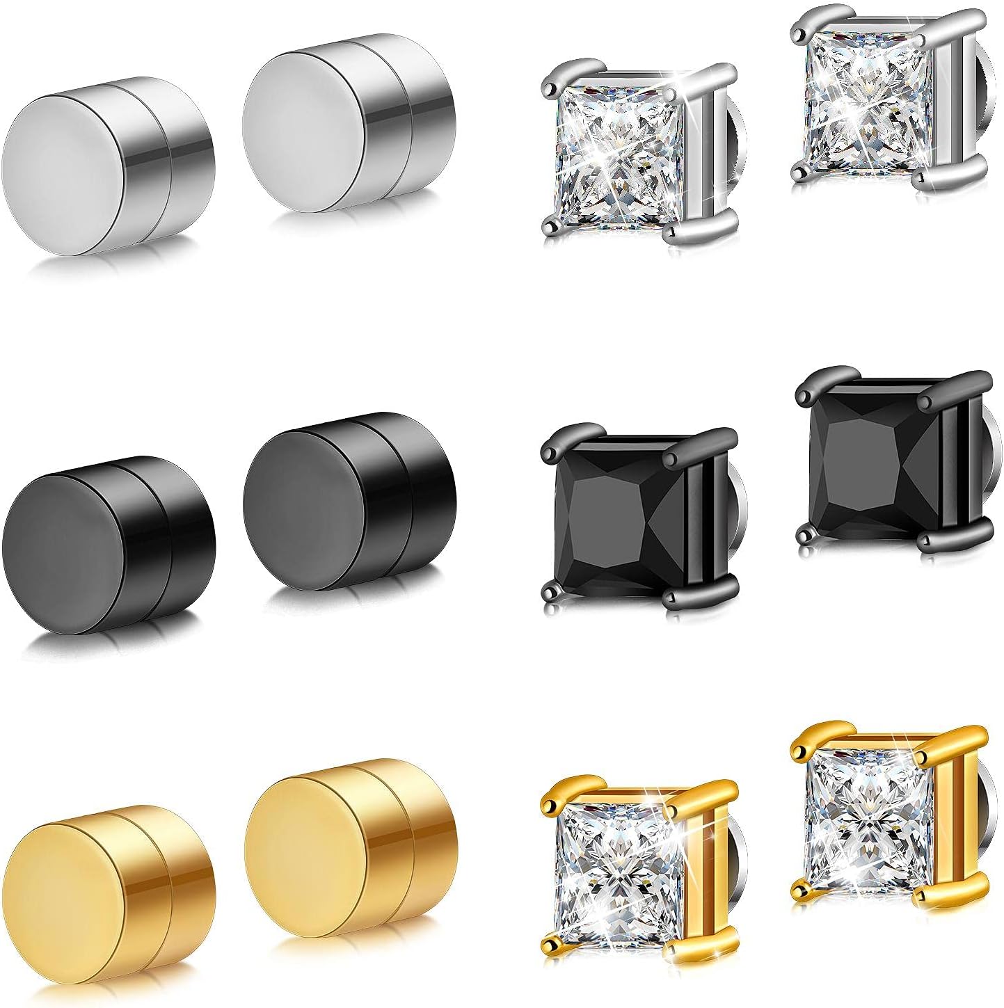 Hicarer 6 Pairs Stainless Steel Magnetic Stud Earrings for Men Women CZ ...
