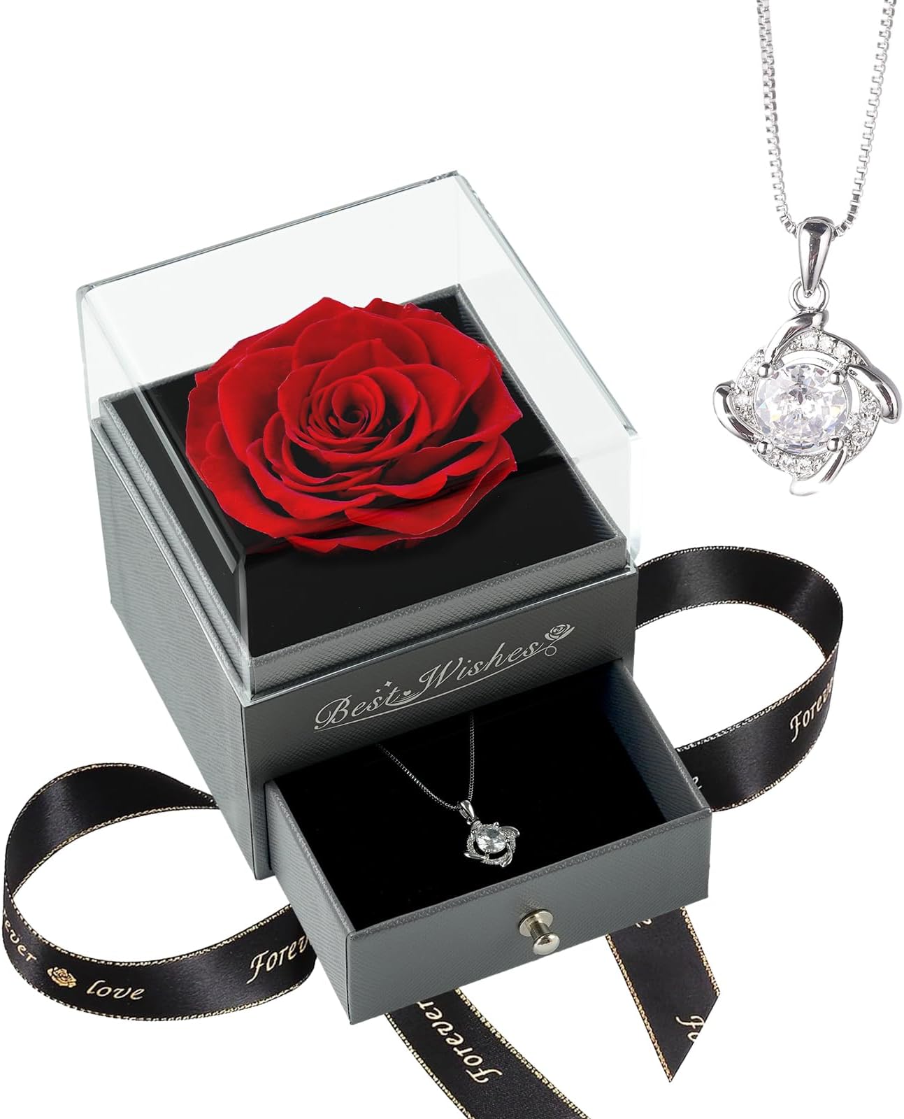 Amazon.com: BLOSSBLISS Preserved Red Rose with Necklace, Eternal Flower ...