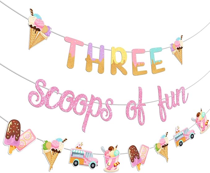 Amazon.com: Jollyboom Three Scoops of Fun Banner Ice Cream 3rd Birthday Party Decoration for ...