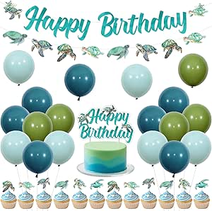 Amazon.com: JOYMEMO Sea Turtle Birthday Theme Party Decorations, Happy ...