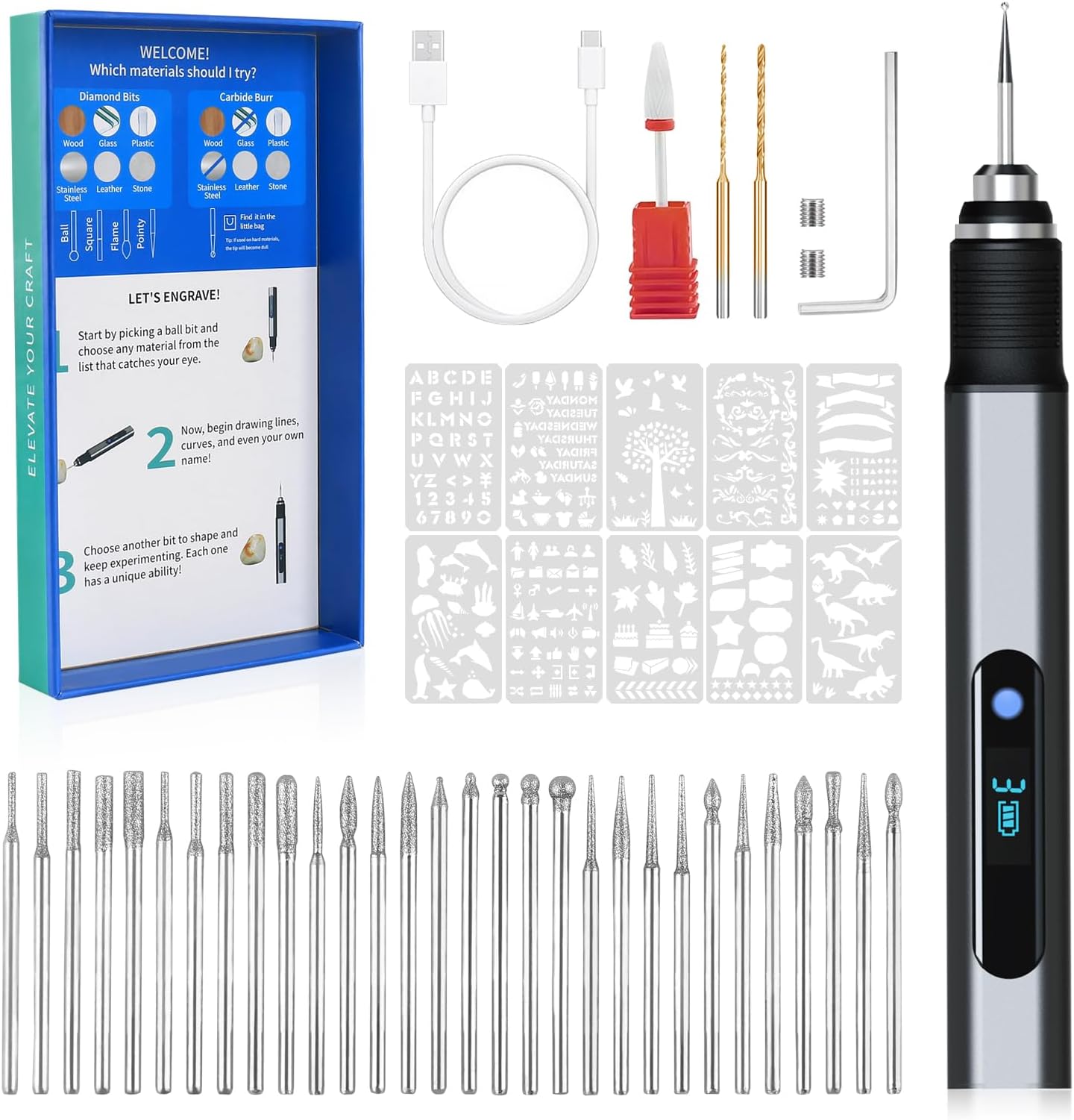 Engraving Pen Kit, Rechargeable Cordless Engraver Pen with 33 Bits, 10 ...