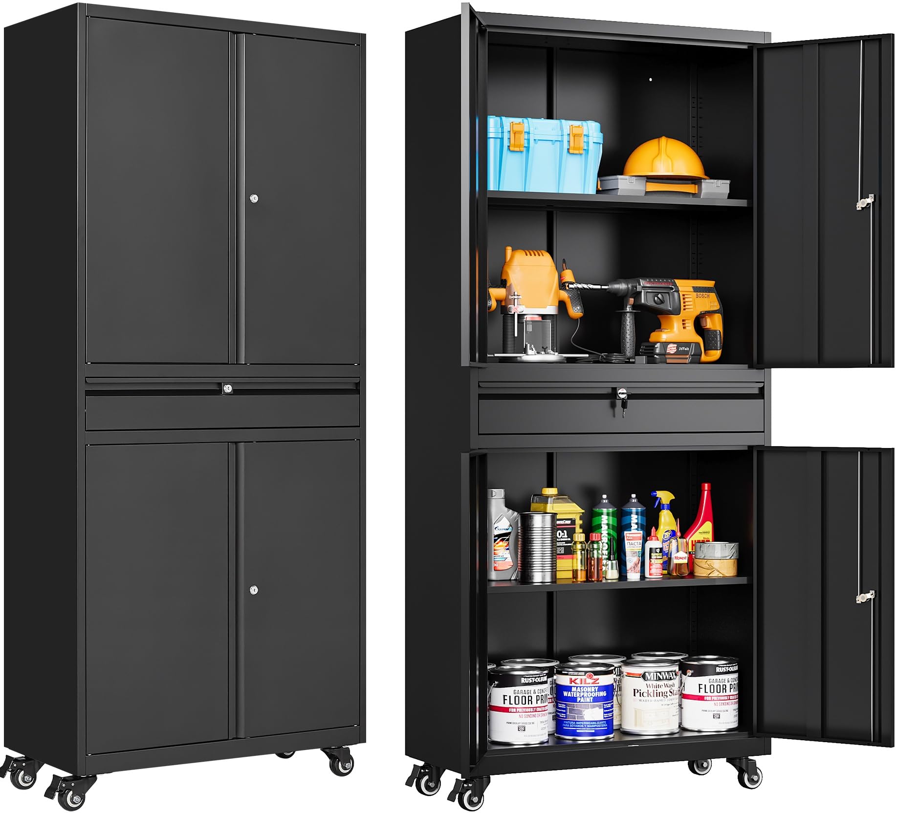 Metal Garage Storage Cabinet with 4 Wheels and 1 Drawer,Rolling Garage ...