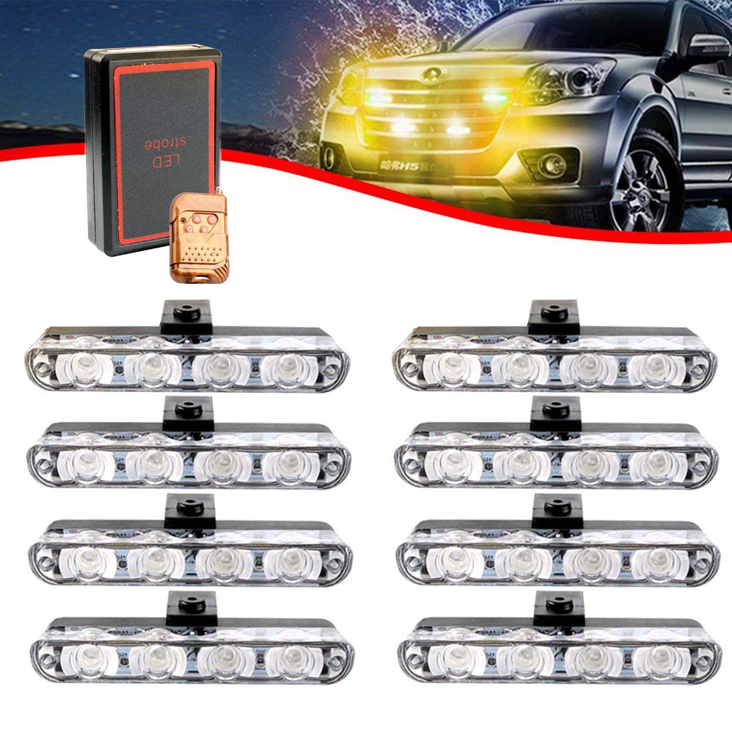 Snapklik.com : Car 8 In 1 32 LED Amber White Police Strobe Flashing ...