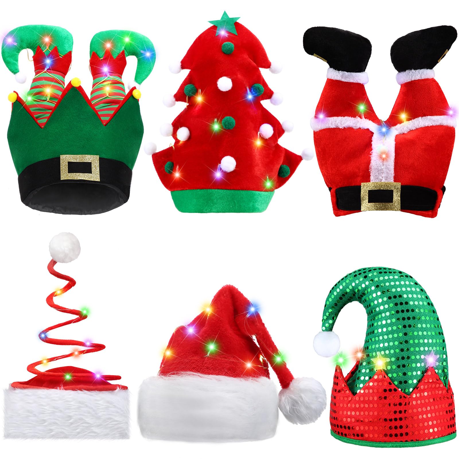 Shihanee 6 Pieces Christmas LED Hats Santa Claus Light up Hats Bulk ...