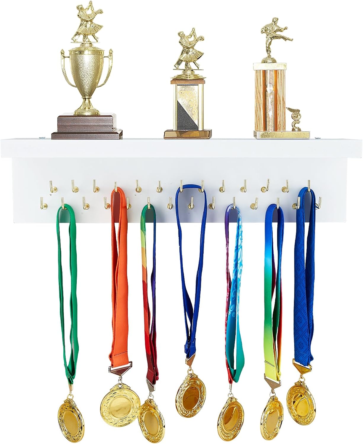 SUPERDANT Wooden Trophy and Medal Shelf White Medal Hanger Trophy Stand ...