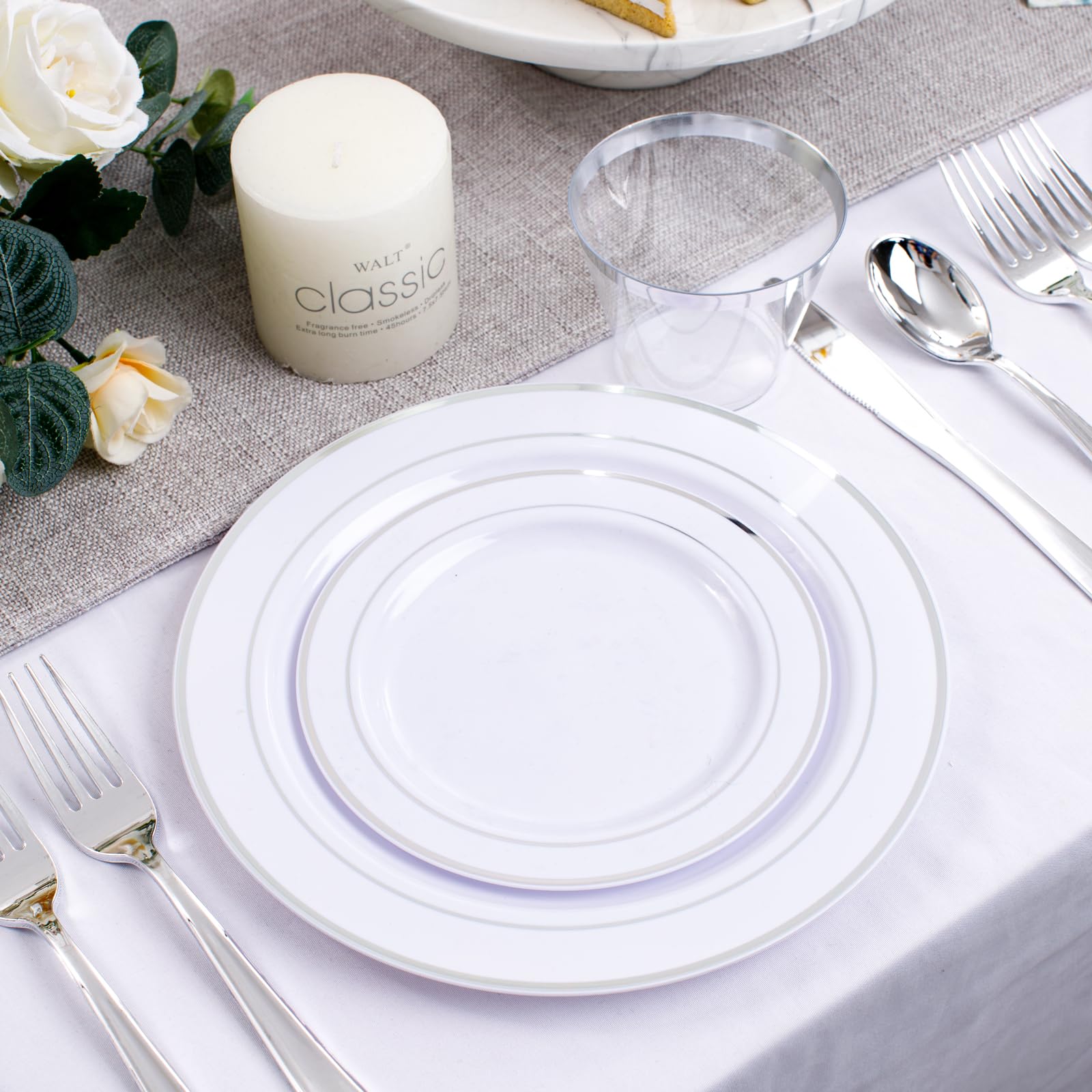 WELLIFE 600 PCS Silver Disposable Dinnerware Set Include: 100 Silver ...