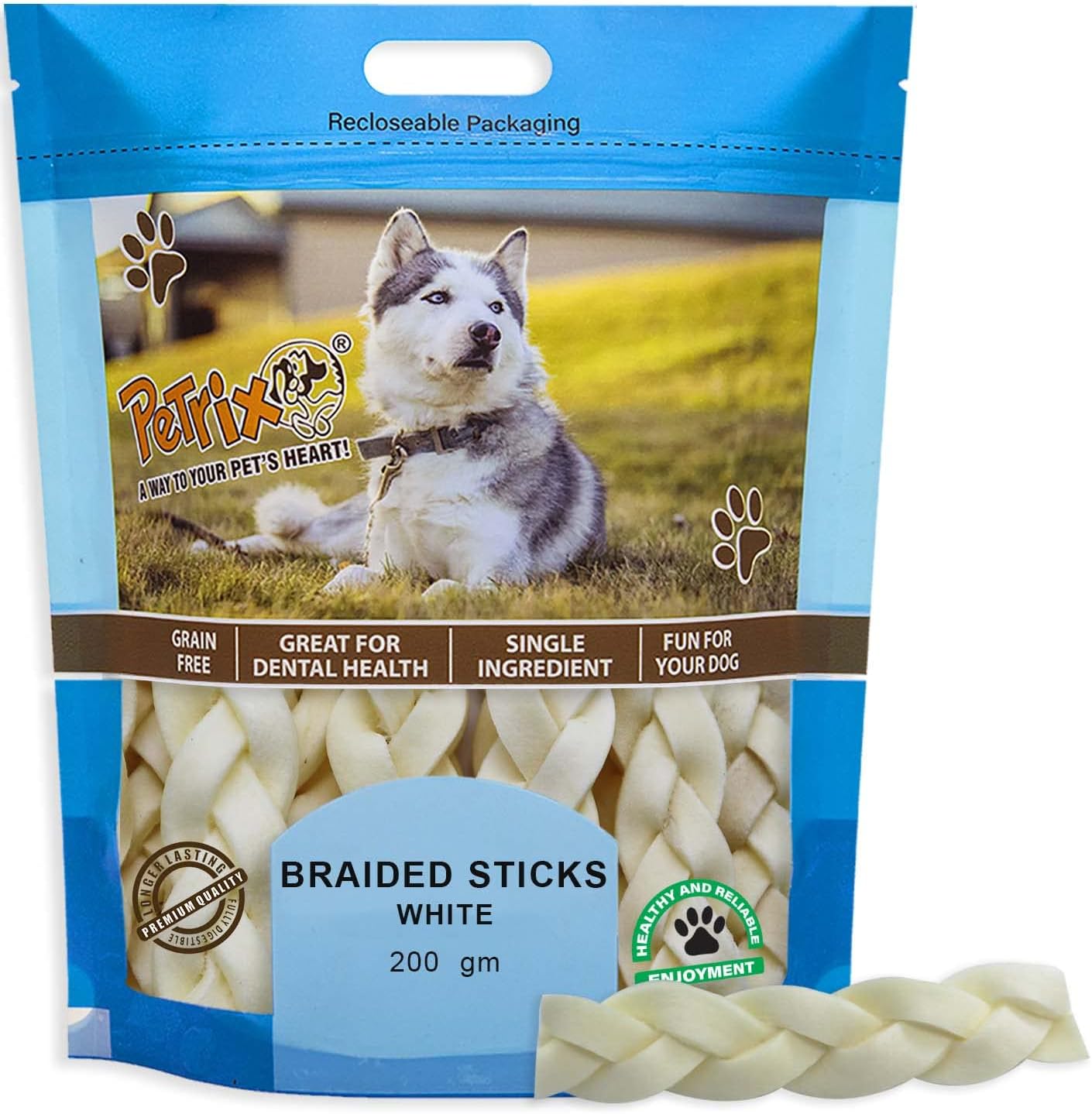Petrix Rawhide Braided Sticks White Chew Sticks for Dogs- 200g, Rich Protein Treat for All ...