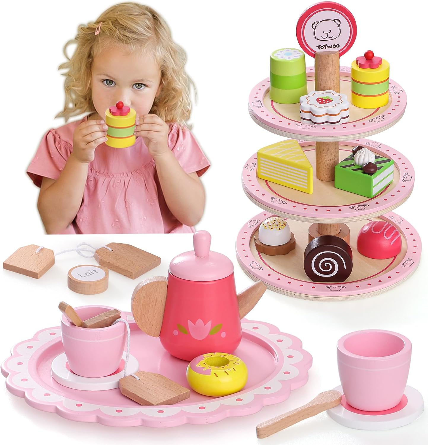 Amazon.com: Lonico Wooden Tea Party Set for Little Girls Toys Toddlers ...