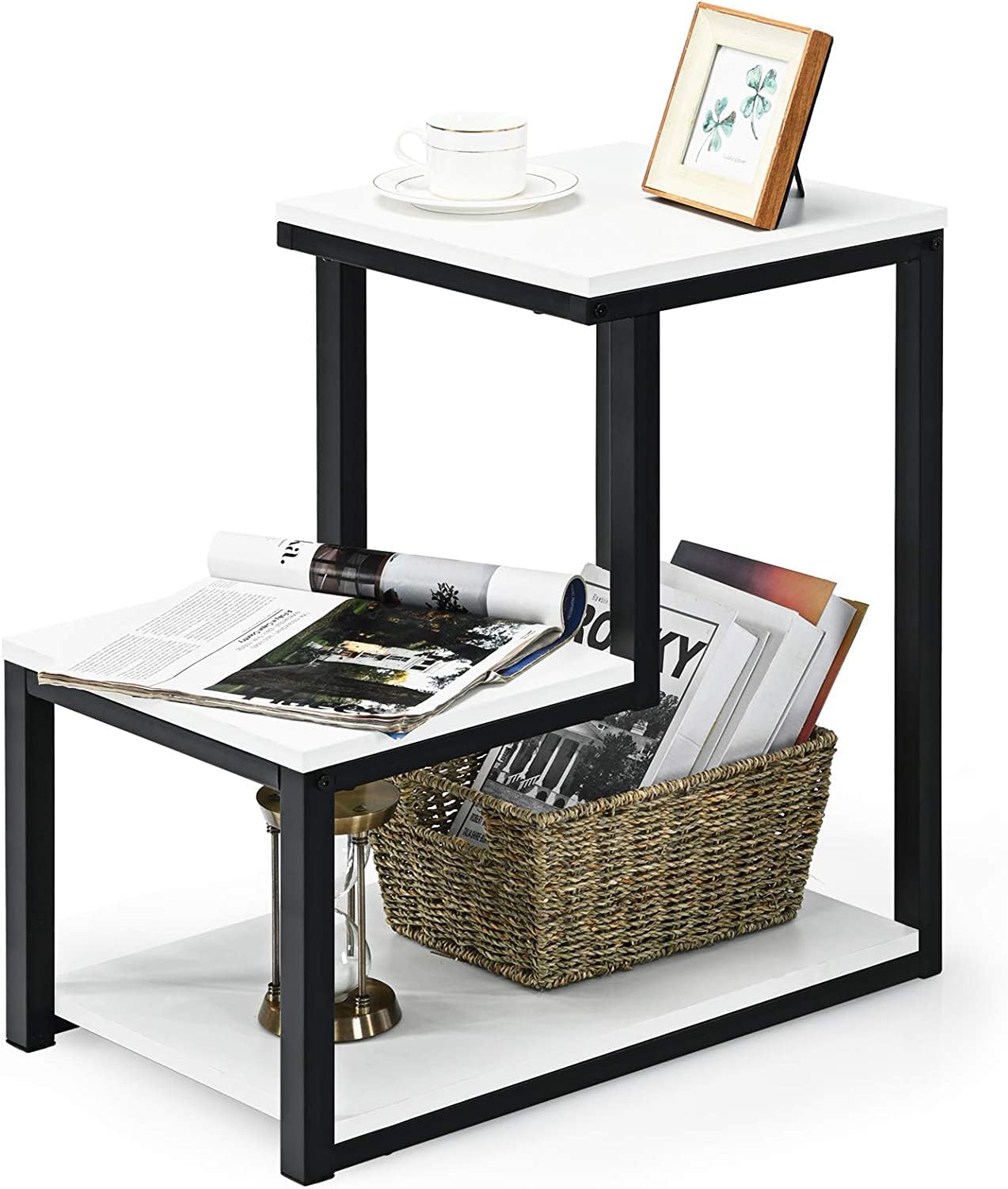 AAFIYA HANDICRAFTS 3-Tier Side End Table, Nightstand with Storage Shelf, Sturdy Metal Frame ...