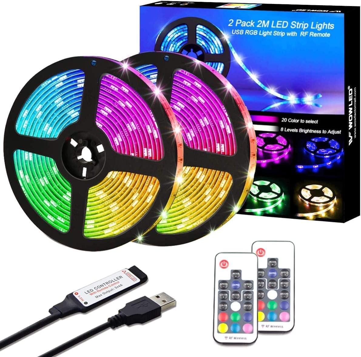 WOWLED RGB Strip Lights, 2 Pack 2M Color Changing USB Powered 5V RGB ...