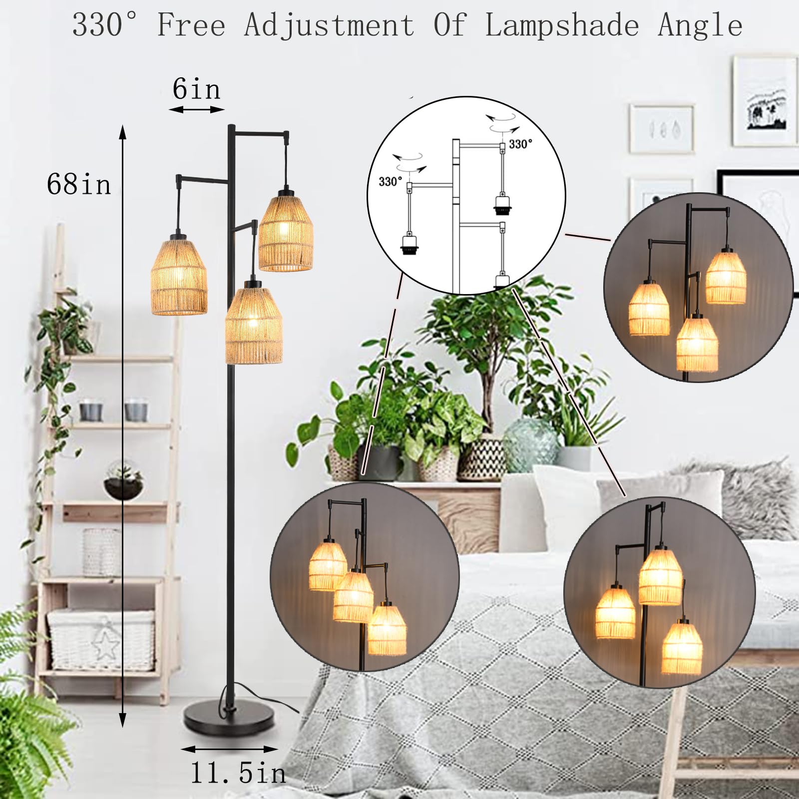 Rattan Floor Lamp 3-Light Modern Black Standing Tall Lamp Industrial ...