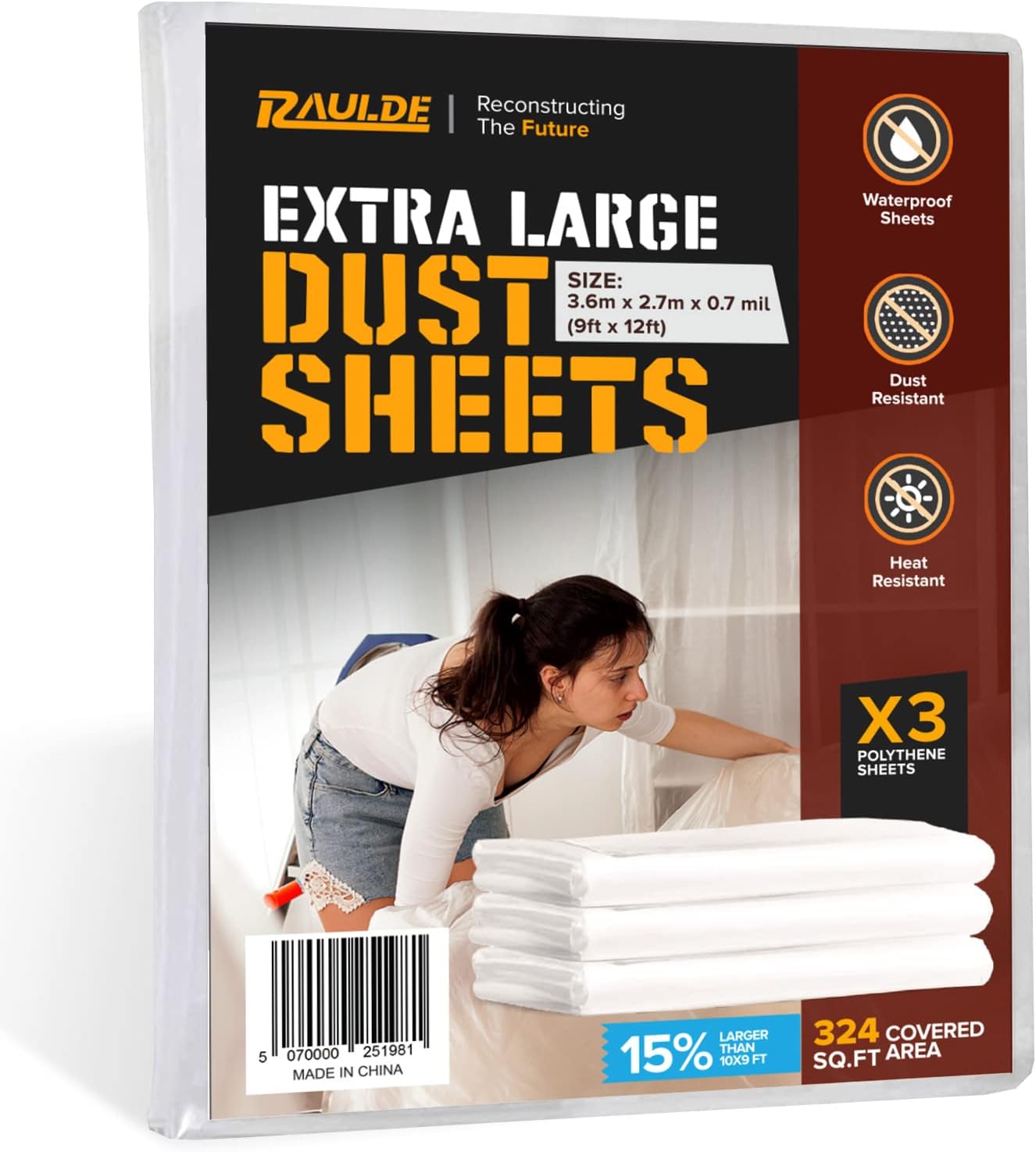 RAULDE 3 Pack Large Plastic Dust Sheets for Decorating - 3.6m x 2.7m ...
