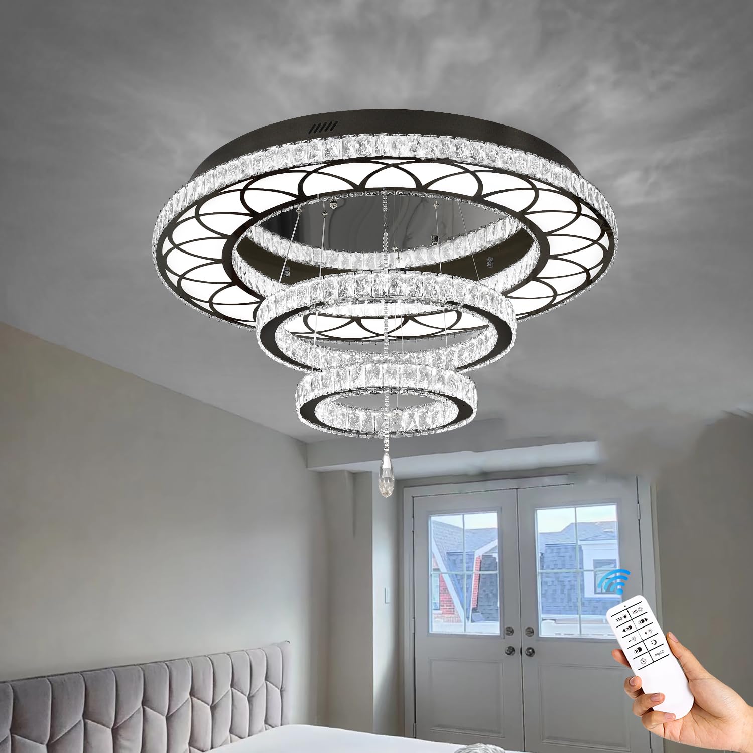 Flashing God W32'' Modern Black Crystal Chandeliers for Living Room 3 ...
