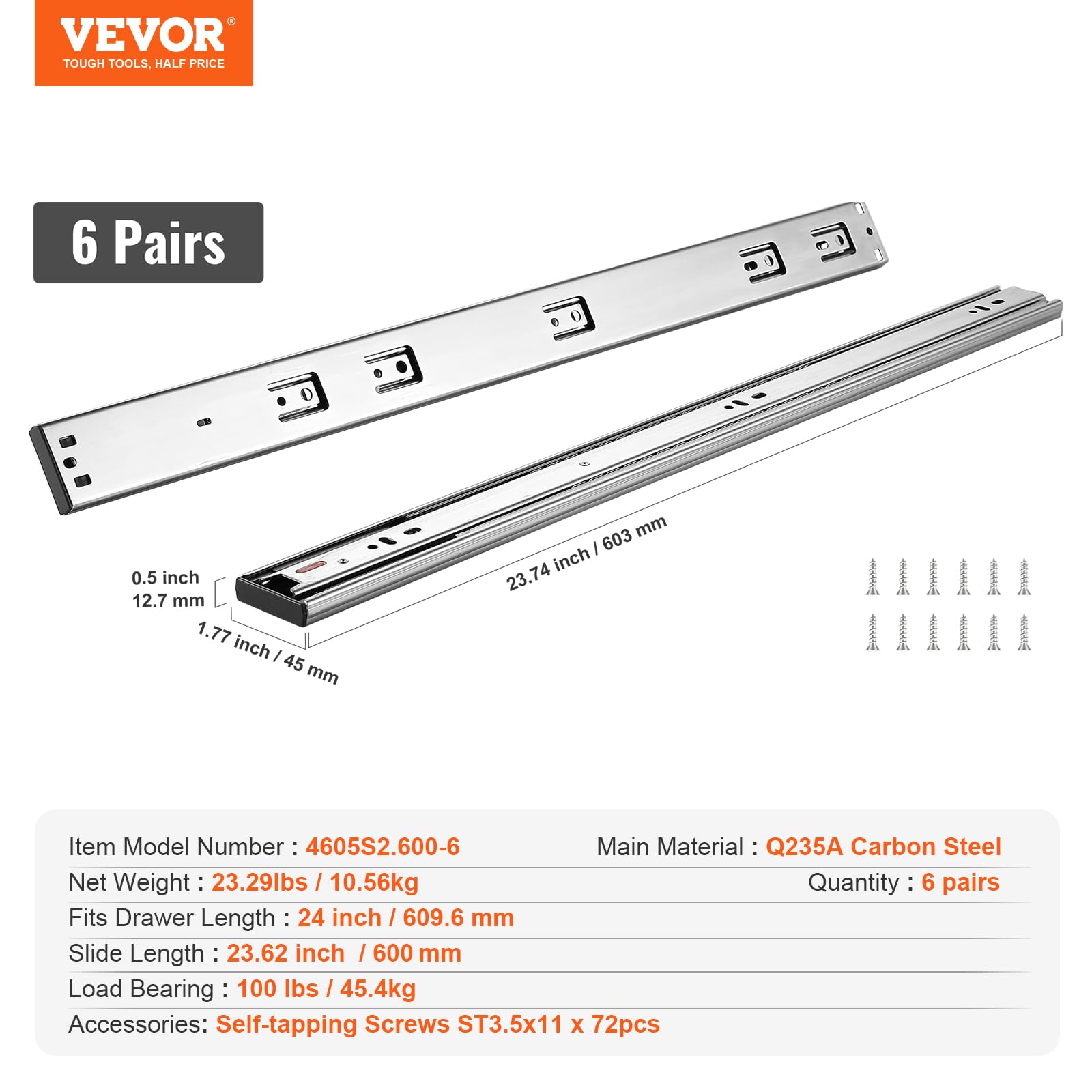 VEVOR 6 Pairs of 24 Inch Drawer Slides Side Mount Rails, Heavy Duty ...