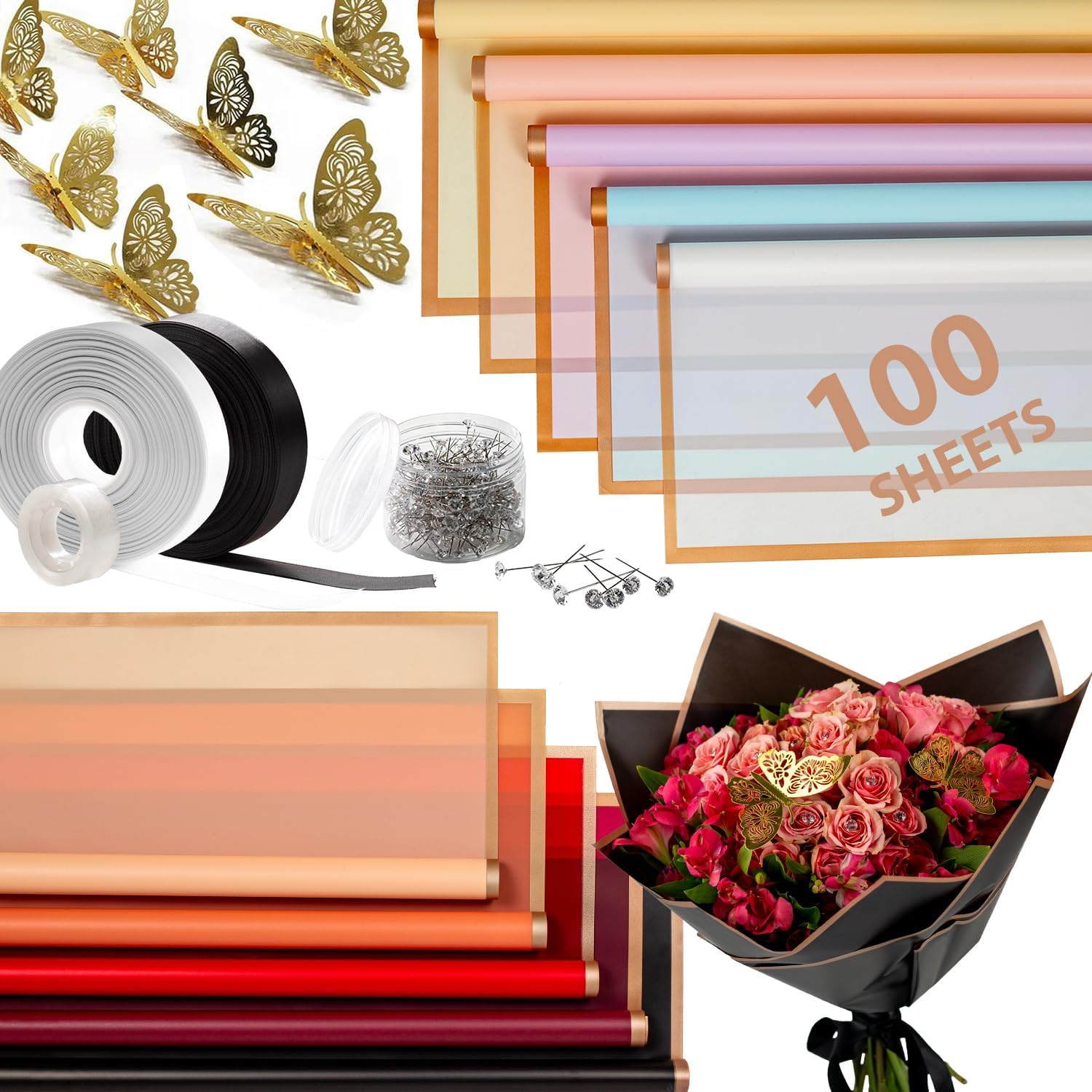 Amazon.com: 100 Pcs Flower Wrapping Paper Bouquet w/ 24 Pcs 3D Gold ...