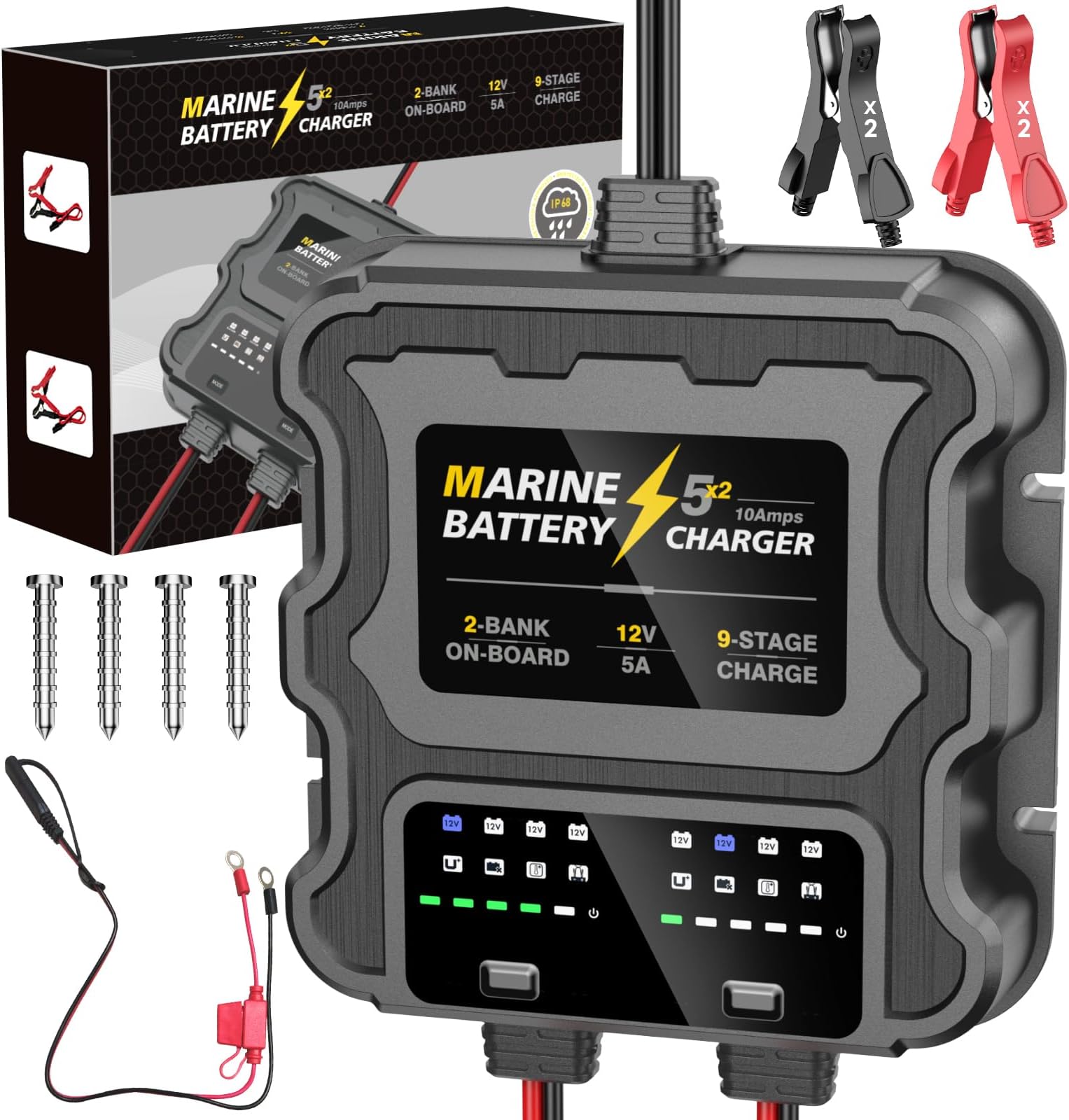 Smart 2 Bank Marine Battery Charger, 10A (5A/Bank), 12V,Waterproof ...