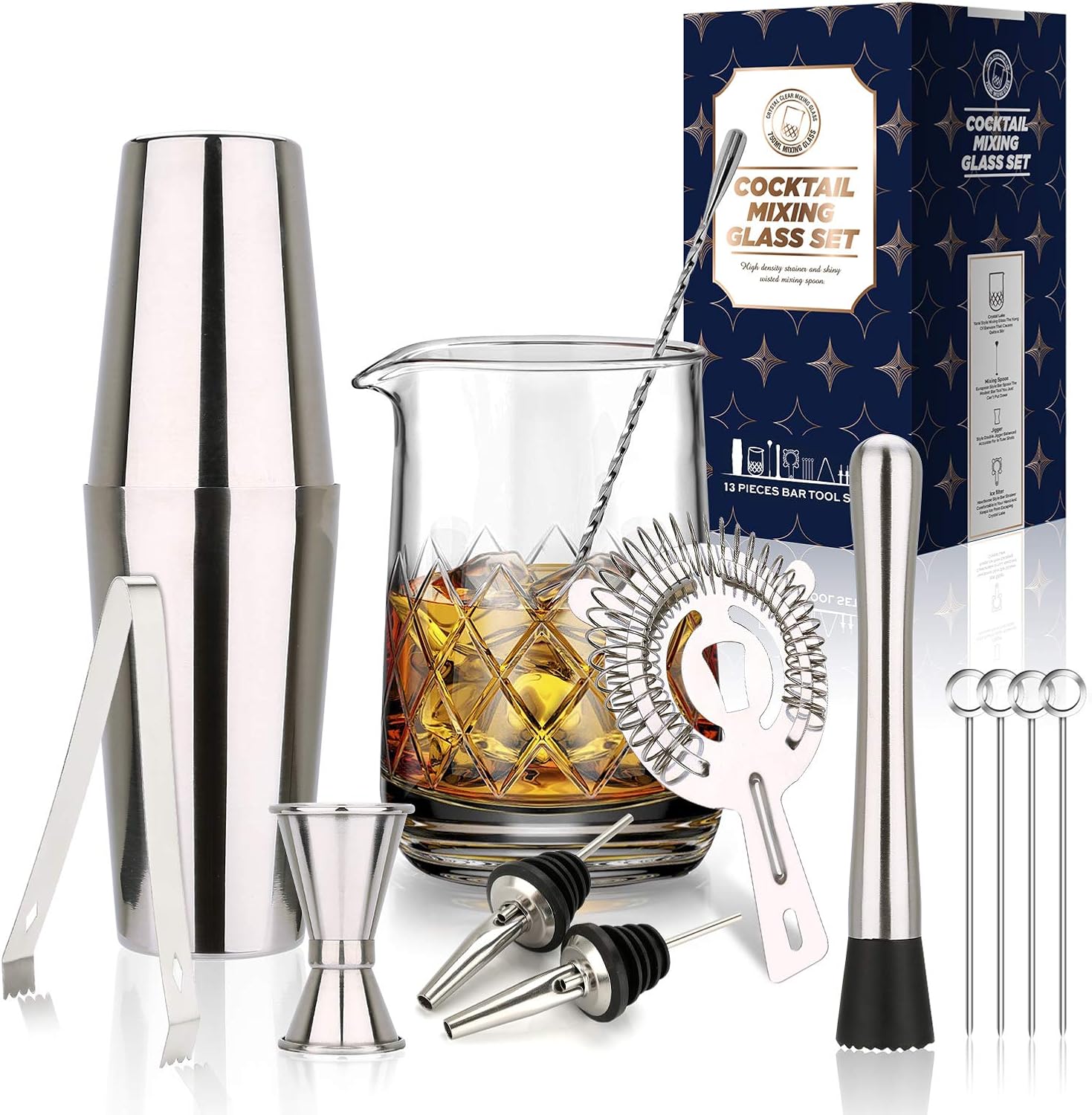750ml Crystal Cocktail Mixing Glass Set – 13 Pieces Bartender Kit ...