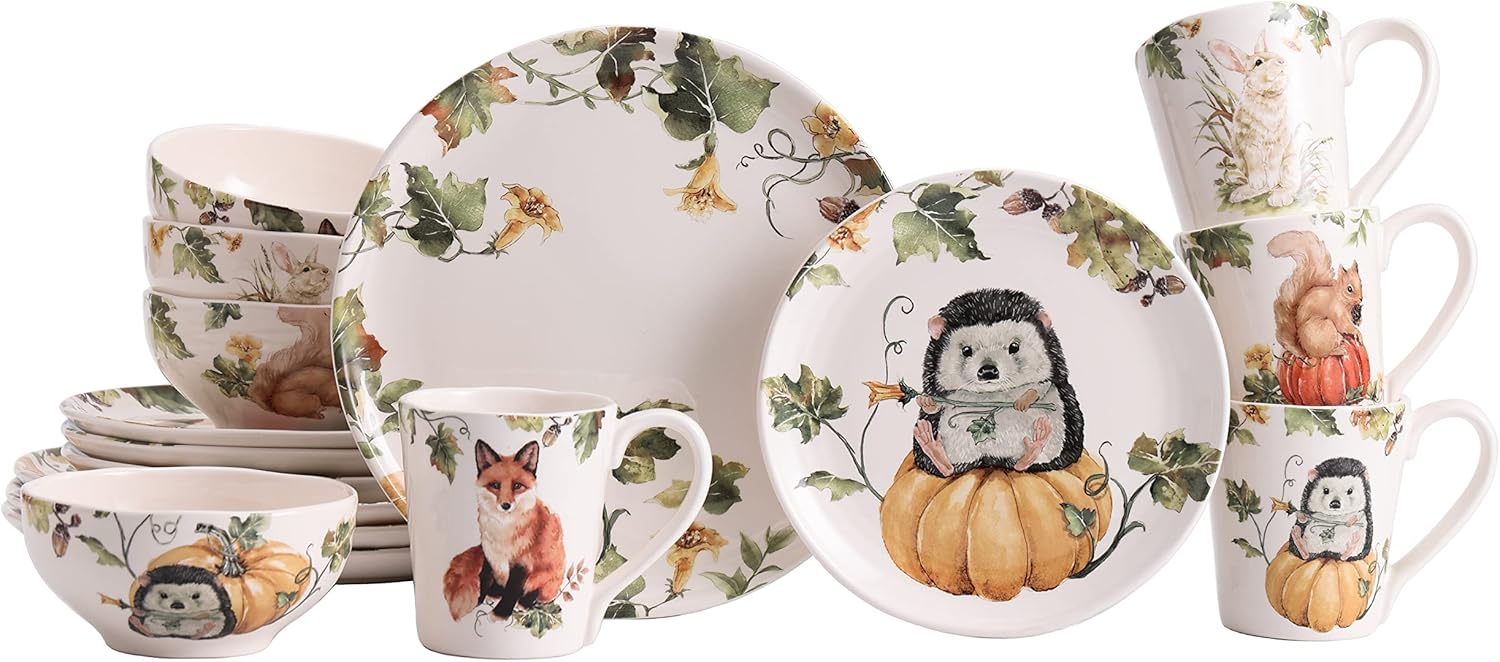 Amazon.com | Bico Woodland Critters Ceramic 16 pcs Dinnerware Set ...