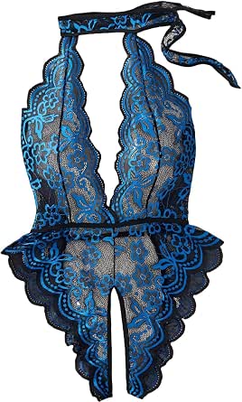 Amazon.com: Womens Deep V Lingerie Floral Lace Halter Lingerie Bodysuit ...