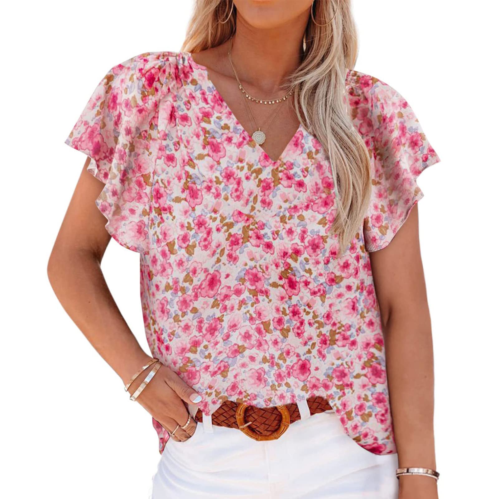 1 x Brand New Greensen V Neck Ruffle Short Blouses, Women Blouses Casu ...