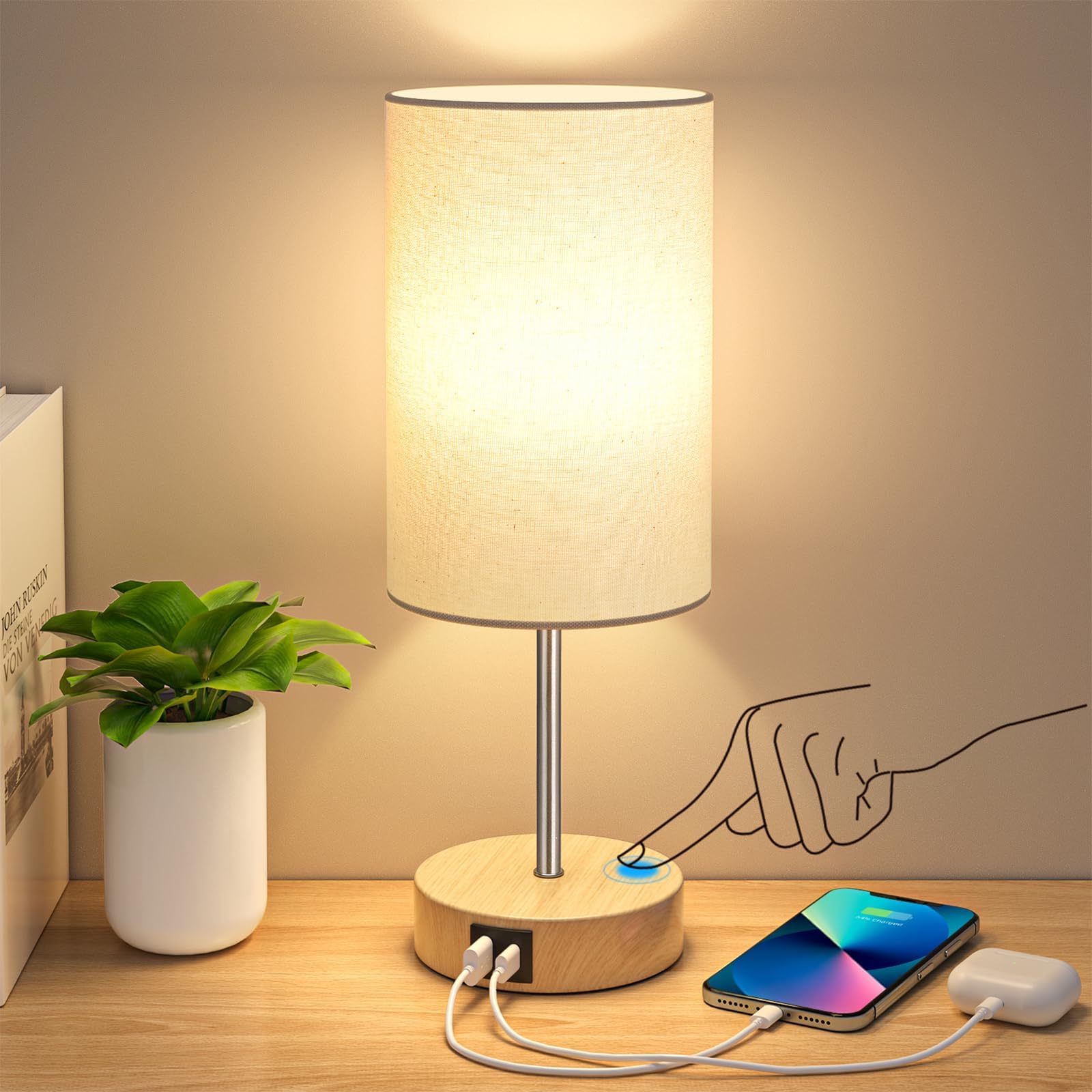 AKASUKI Table Lamp for Bedroom, 3 Way Dimmable Touch Lamp with Dual ...