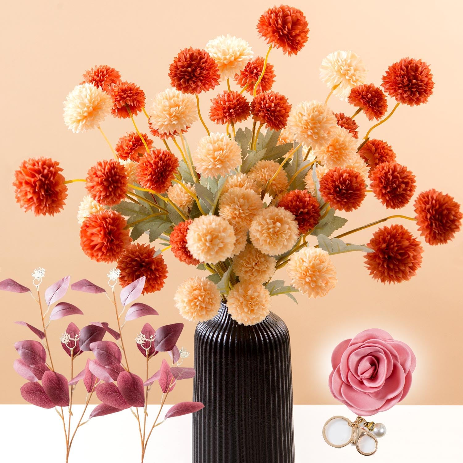 Amazon.com: yeoeigm Burnt Orange Faux Kiku Flower 10 Stems + 2 Stems ...