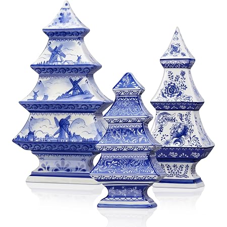Amazon.com: Soaoo 3 Pcs Blue and White Christmas Tree Ceramic Figurine ...