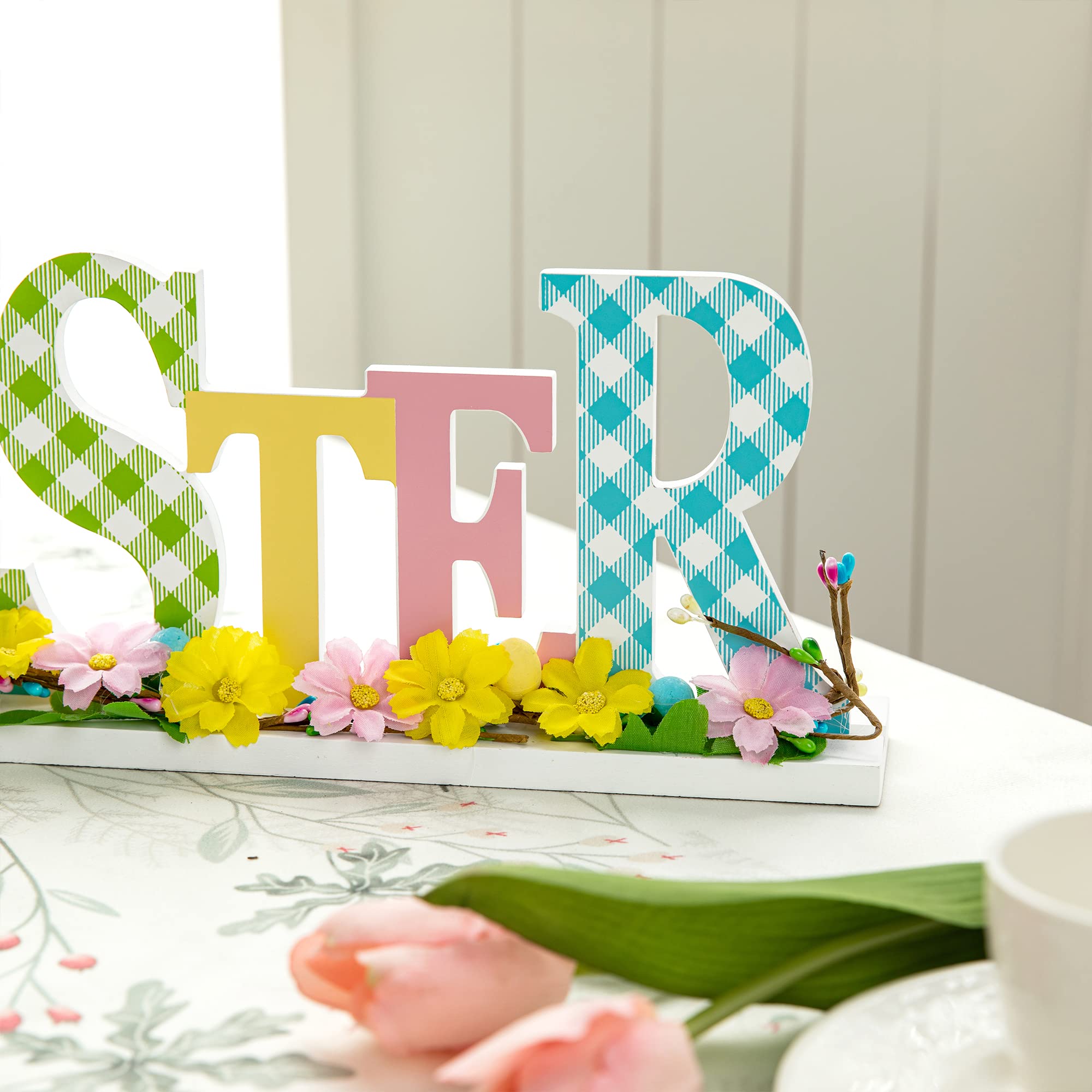 Snapklik.com : Glitzhome Plaid Wooden Easter Table Sign Decor
