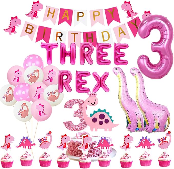 Amazon.com: Pink Dinosaur Party Supplies For Girls 3rd Birthday ...