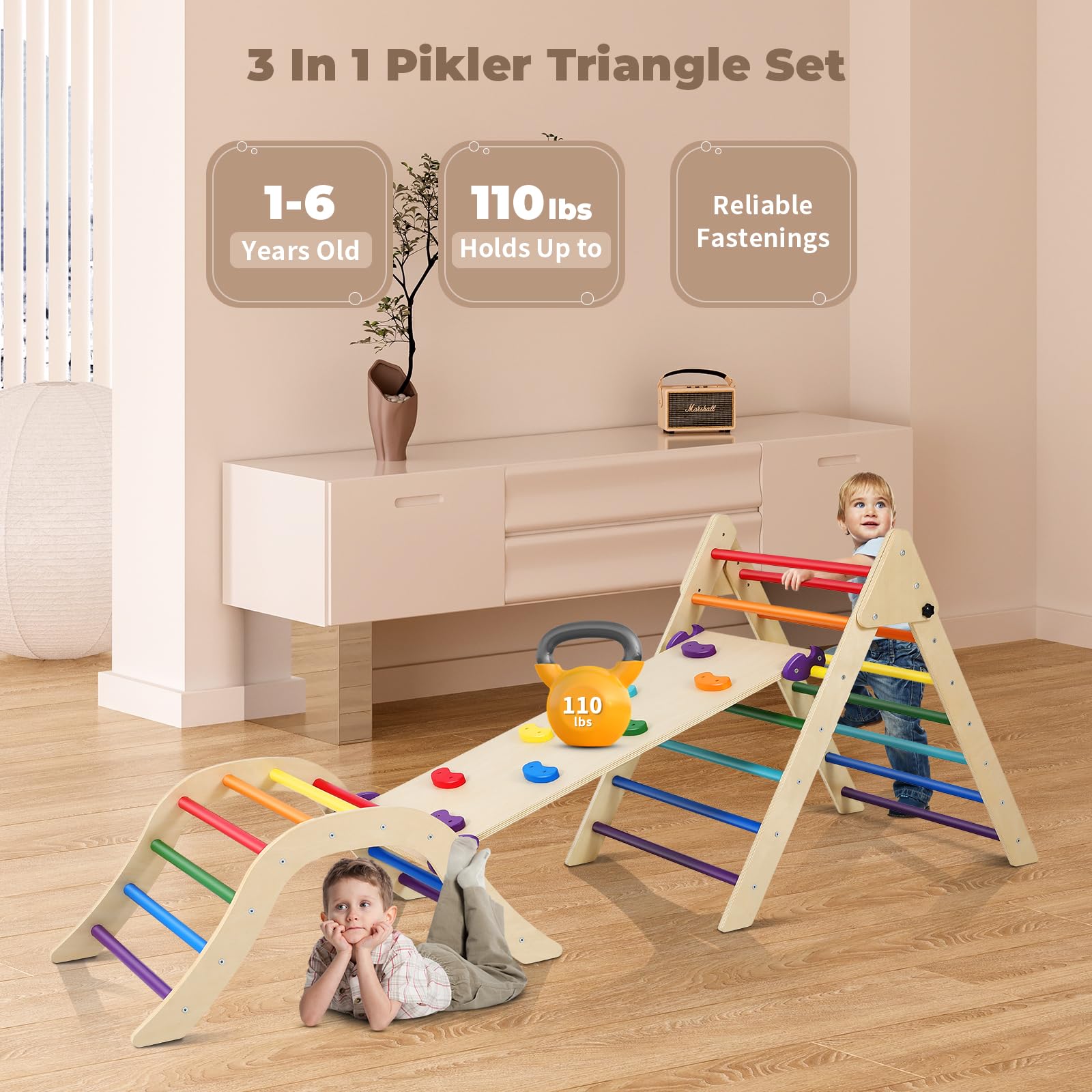 Foldable 6 in 1 Pikler Triangle Set, Indoor Wooden Montessori Climbing ...