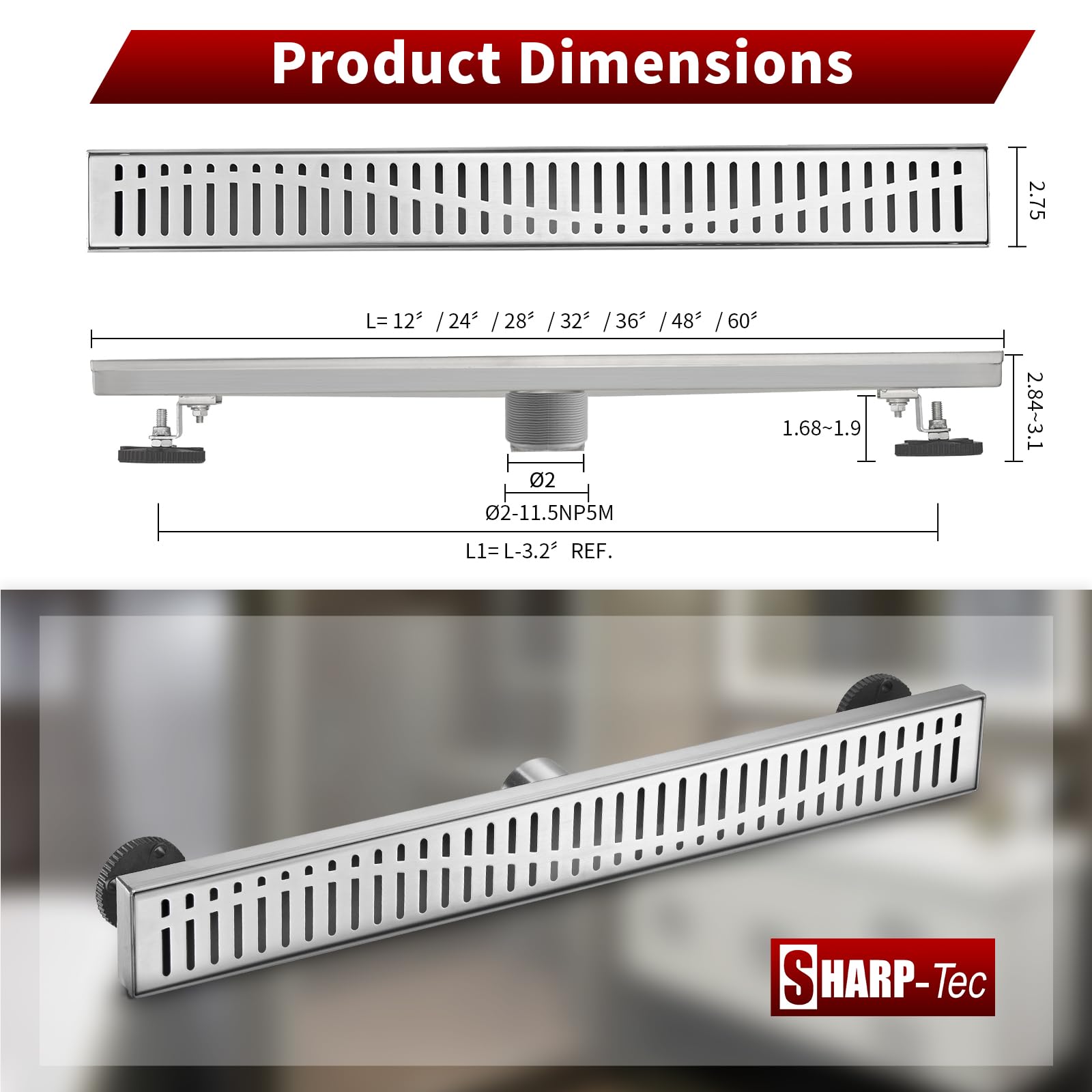 Sharp-tec 36 inch Linear Shower Drain, Brushed Rectangular Floor Drain ...