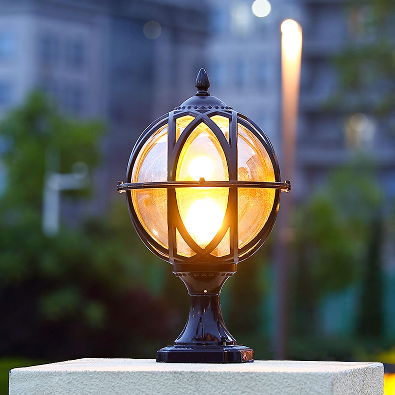 IBalody Outdoor Pillar Lights Retro Amber Glass Ball Post Light Fixture ...