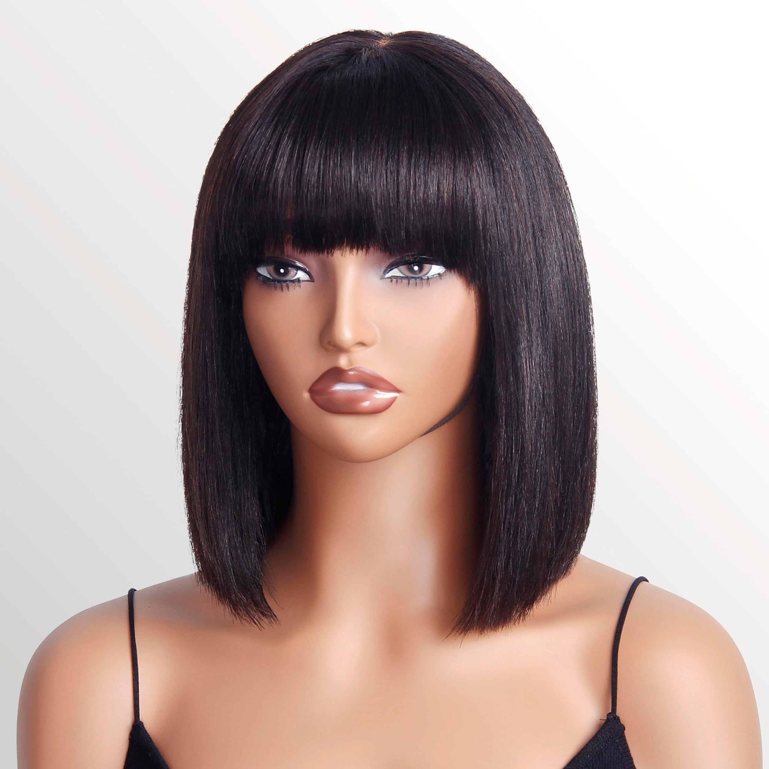 Amazon.com : Wig with Bangs Human Hair Bob Wigs 4x2 Upgraded Realistic ...