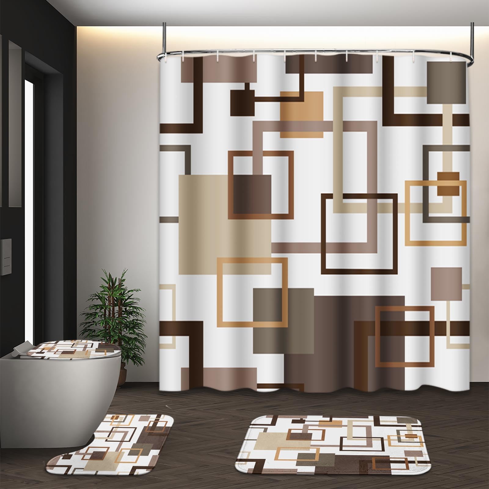 Amazon.com: Tayney Geometric Brown Shower Curtain Set with Toilet Lid ...