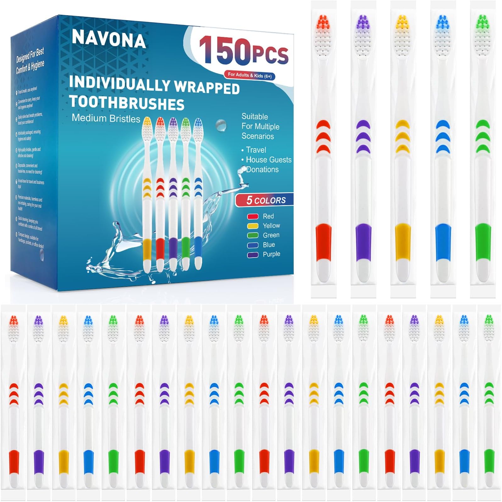 Amazon.com : Navona 150 PCS Individually Wrapped Bulk Toothbrush Pack ...