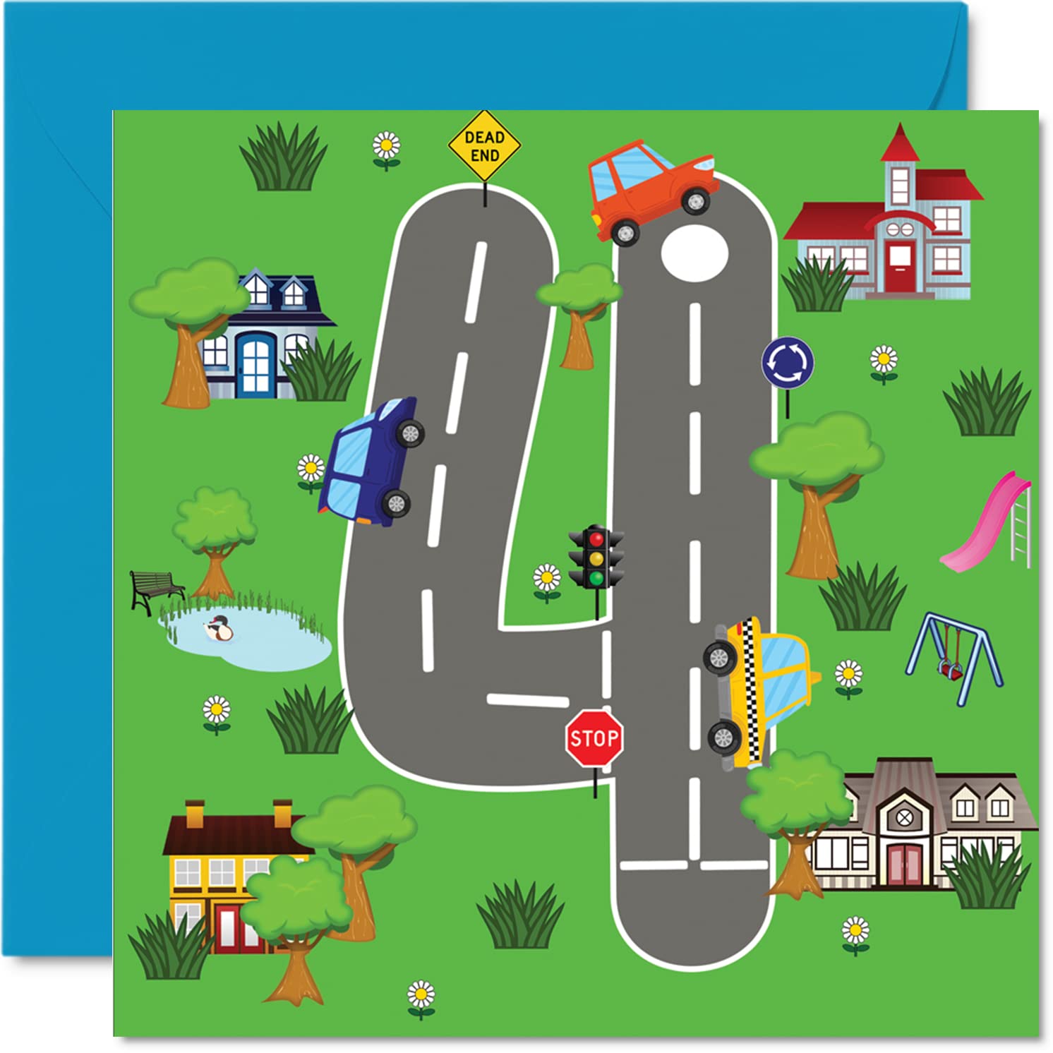 Amazon.com : 4th Birthday Card for Boys Girls - Toy Car Mat - Happy ...