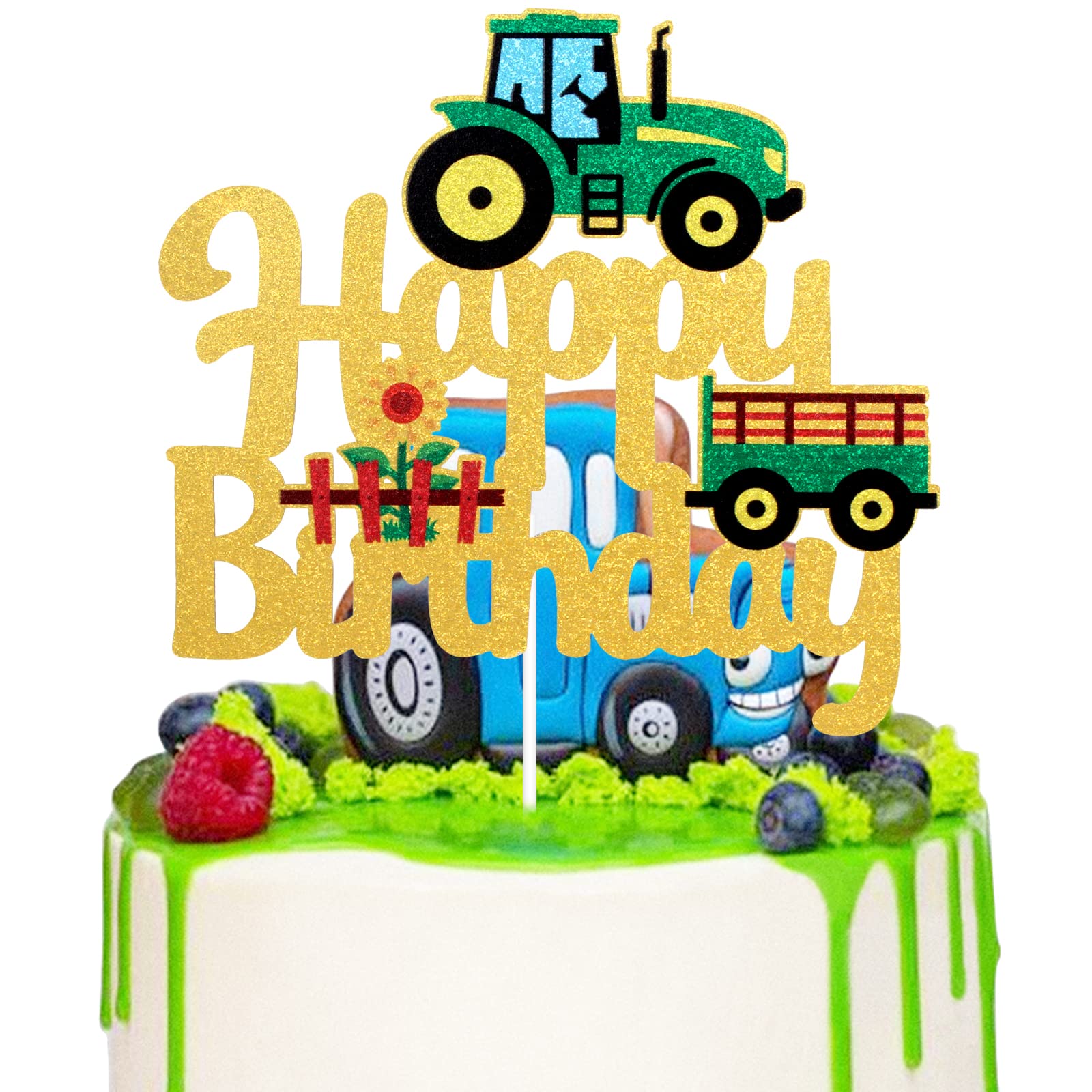 Amazon.com: Farm Tractor Happy Birthday Cake Topper - Green Tractor ...