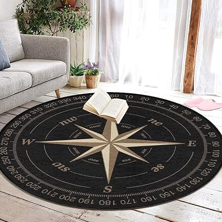 Amazon.com: Compass Rose Round Area Rug, Artwork Black Non-Slip Circle ...