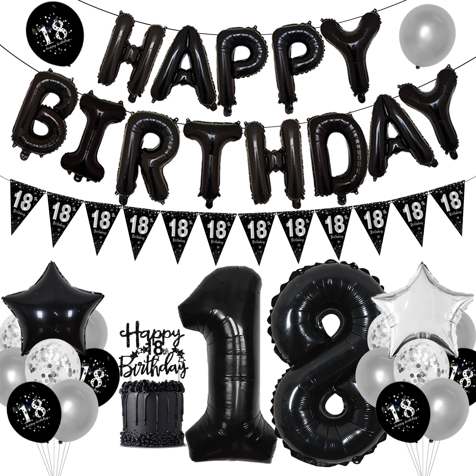 Cheereveal 18th Birthday Decorations Black and Silver, Happy Birthday ...