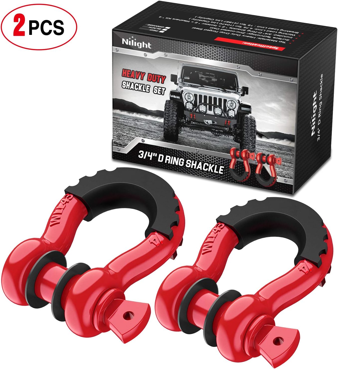 Nilight 2 Pack 3/4" D-Ring Shackle 4.75 Ton (9500 Lbs) Capacity with 7/ ...