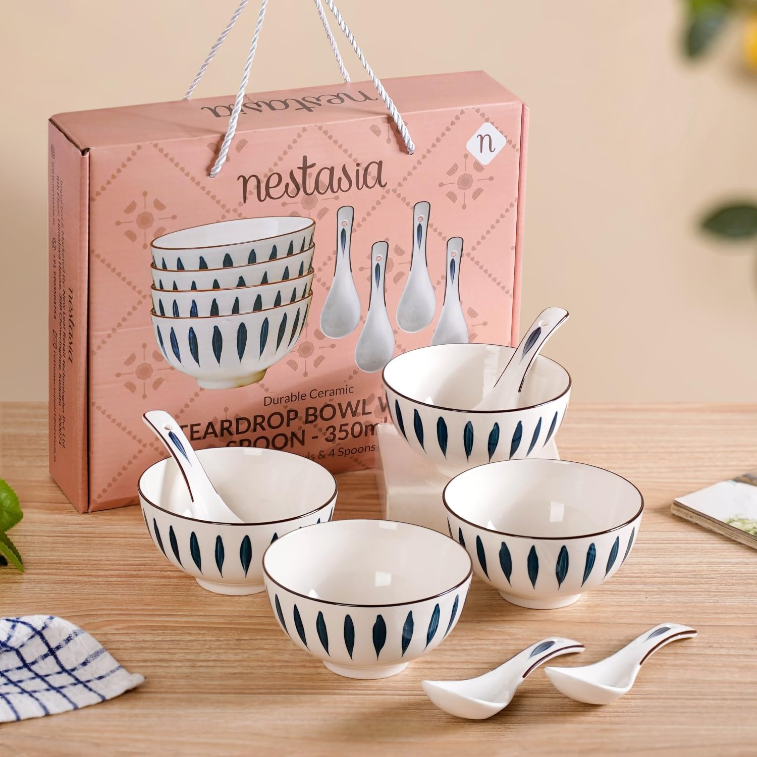 Buy Nestasia Set of 4 Soup Bowl with Spoon (350ml) - Ceramic Microwave ...