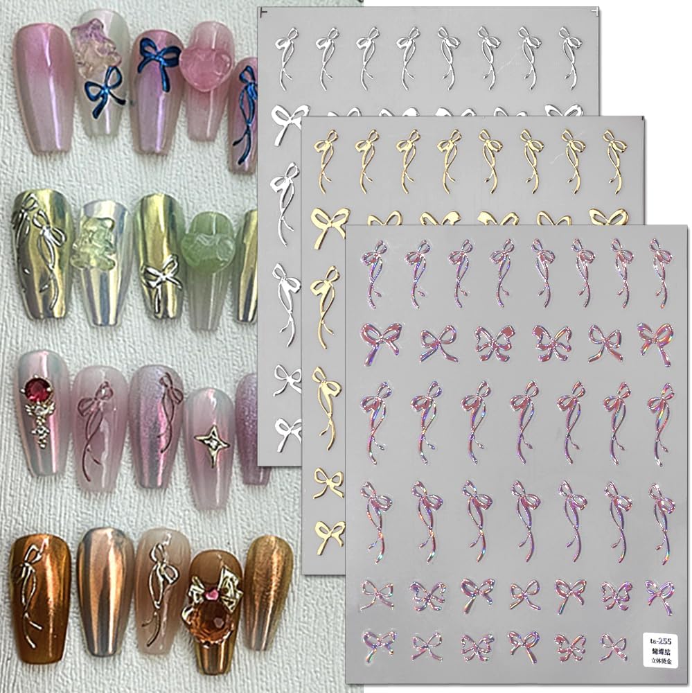 Amazon.com: 5D Ribbon Bowknot Nail Art Stickers - Laser Pink, Bronzing ...