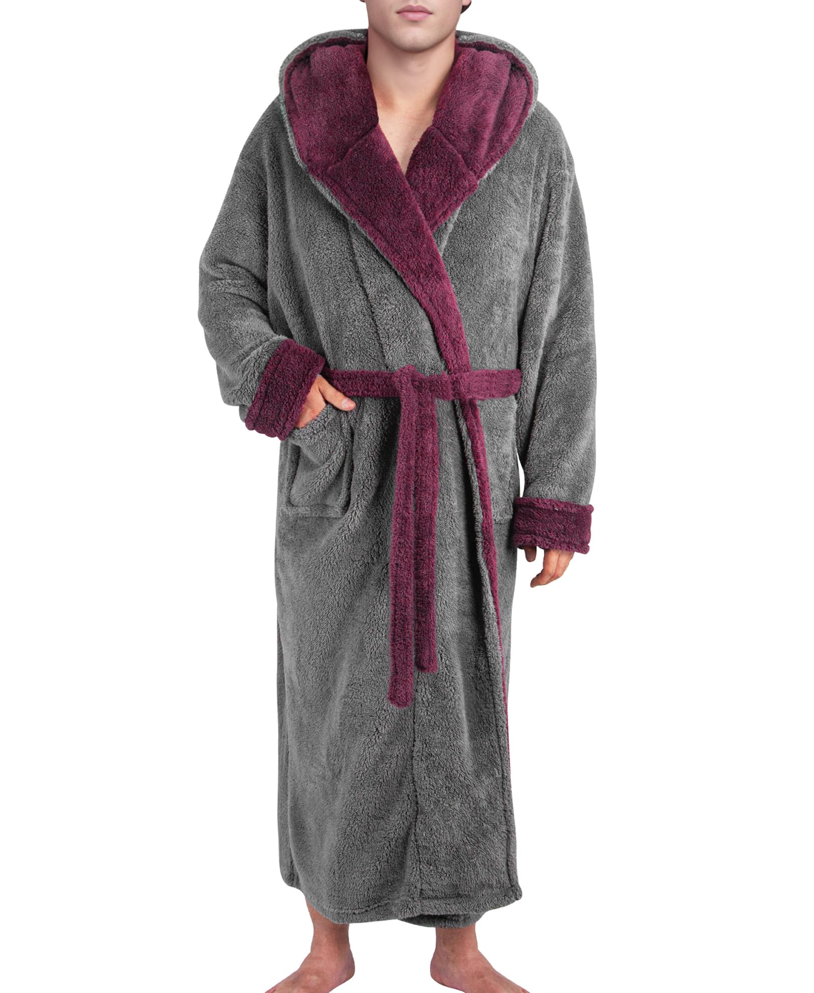 Yoimira Mens Robe with Hood, Big and Tall Plush Fleece Long Robe for ...