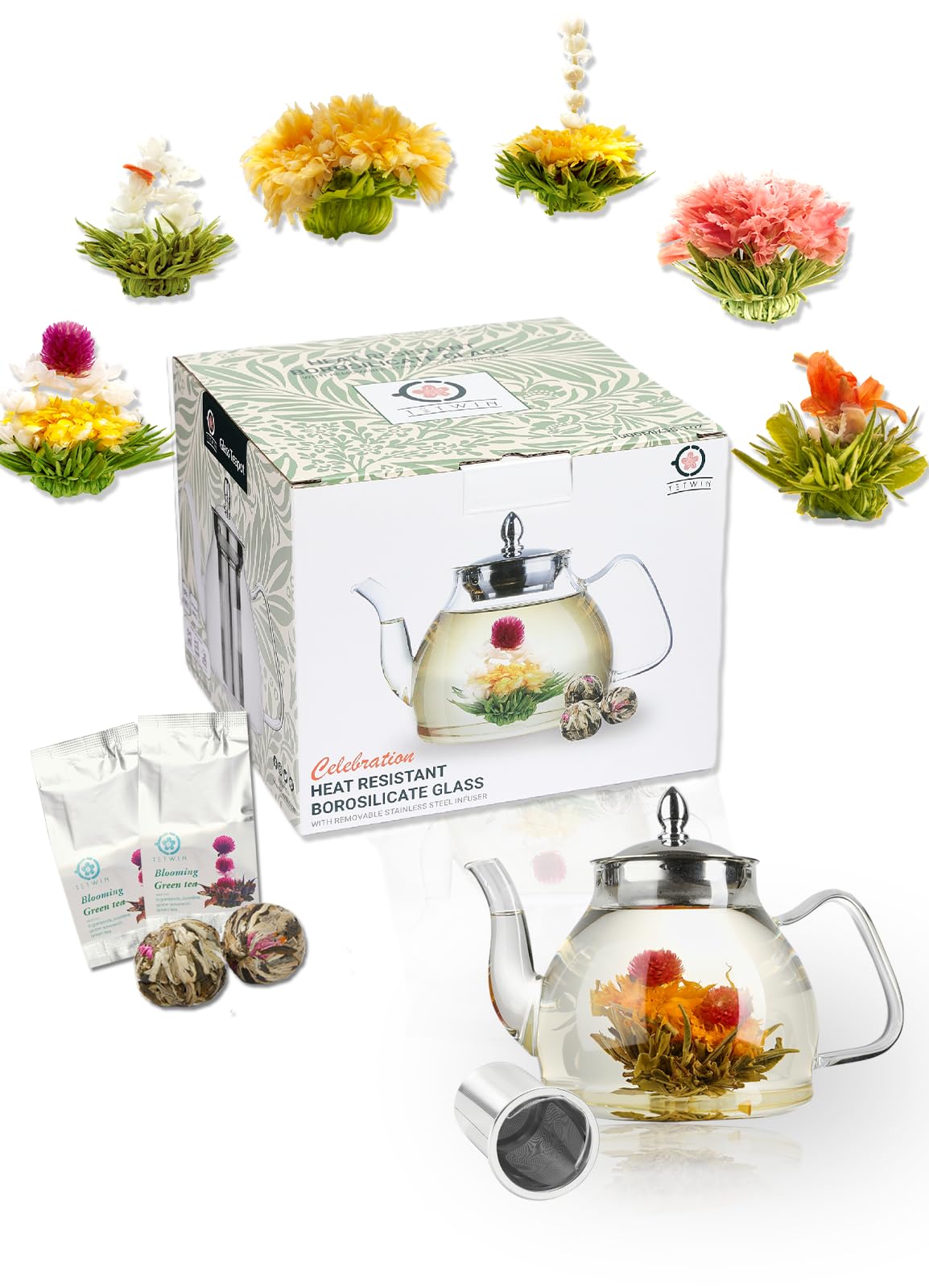 TETWIN Glass Teapot Including 6 Blooming Flower Tea Balls, Stovetop ...