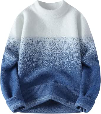 Men's Fluffy Jumpers Gradient Jacquard Warm Soft Knitted Crew Neck Long ...