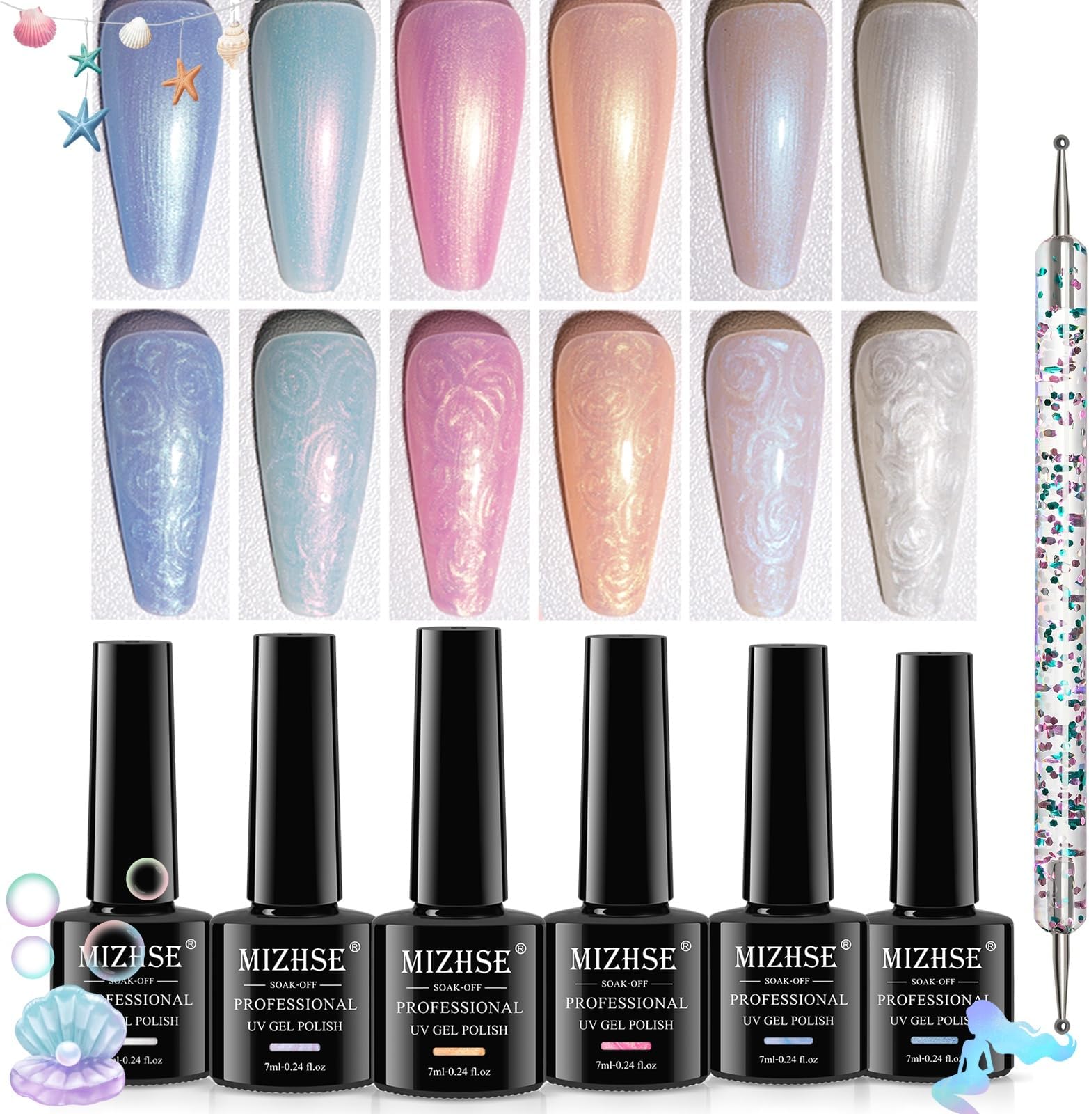 Amazon.com : MIZHSE Pearl Gel Nail Polish Set, Glitter Drawing 6 Colors ...